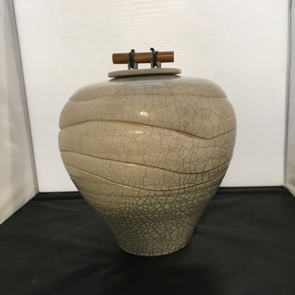 Cream Colored Raku Ginger Jar with Copper Handle Lid Signed by Michael ...