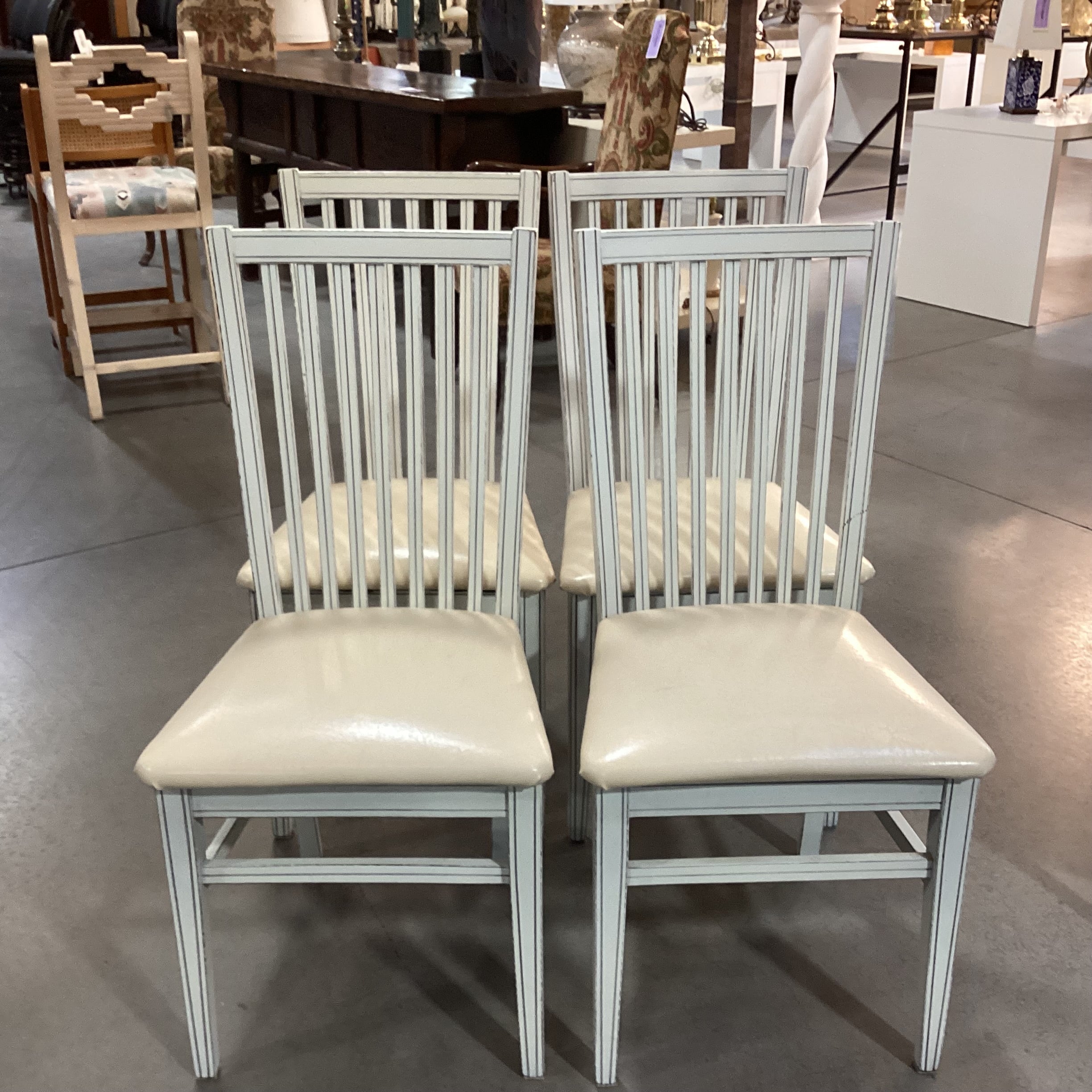 SET of 4 White Slat Back Wood & Leather Seat Dining Chairs 19"x 18"x 3 ...