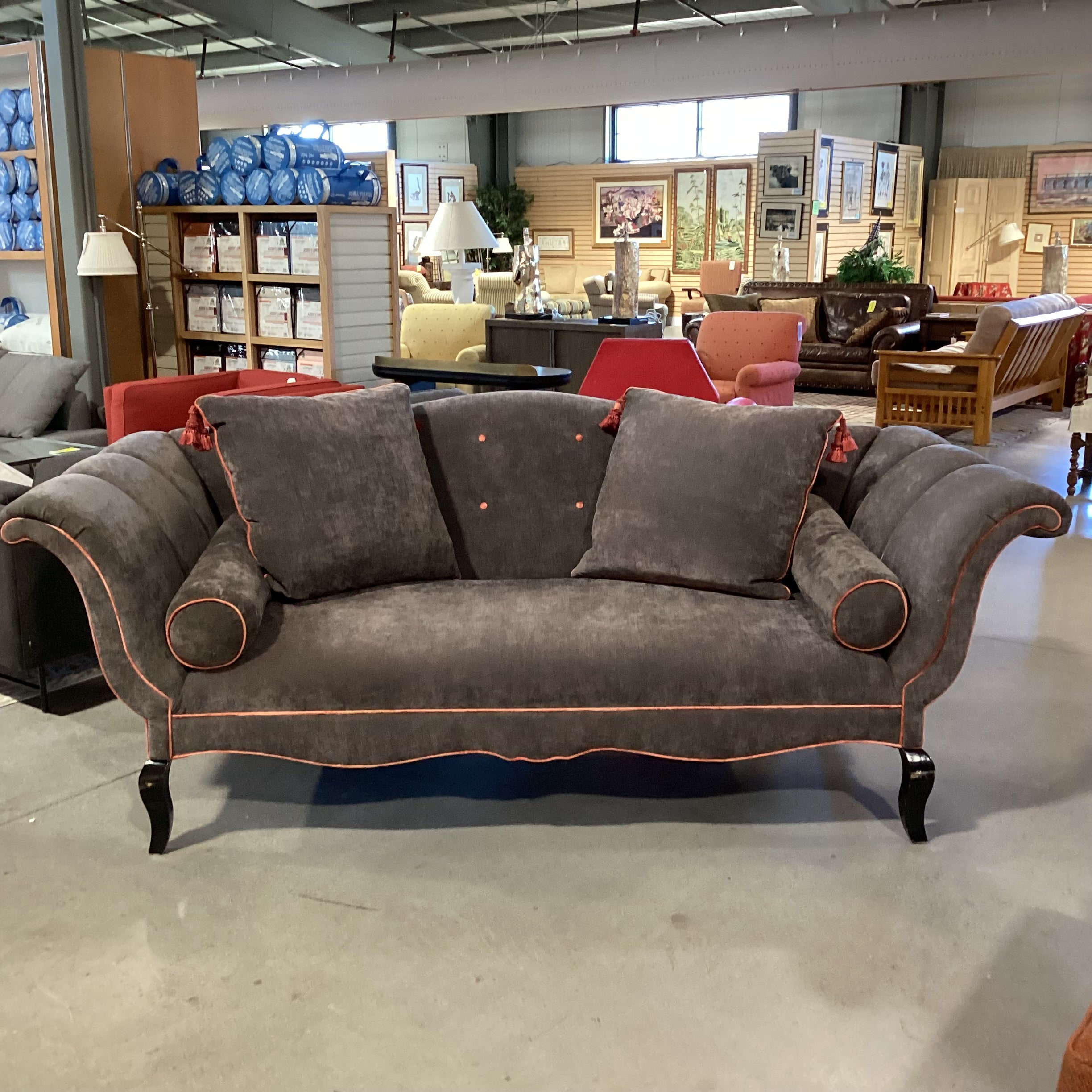 Custom Grey Velvet with Red Piping & Button Tufting Sofa 96"x 41"x 39 ...