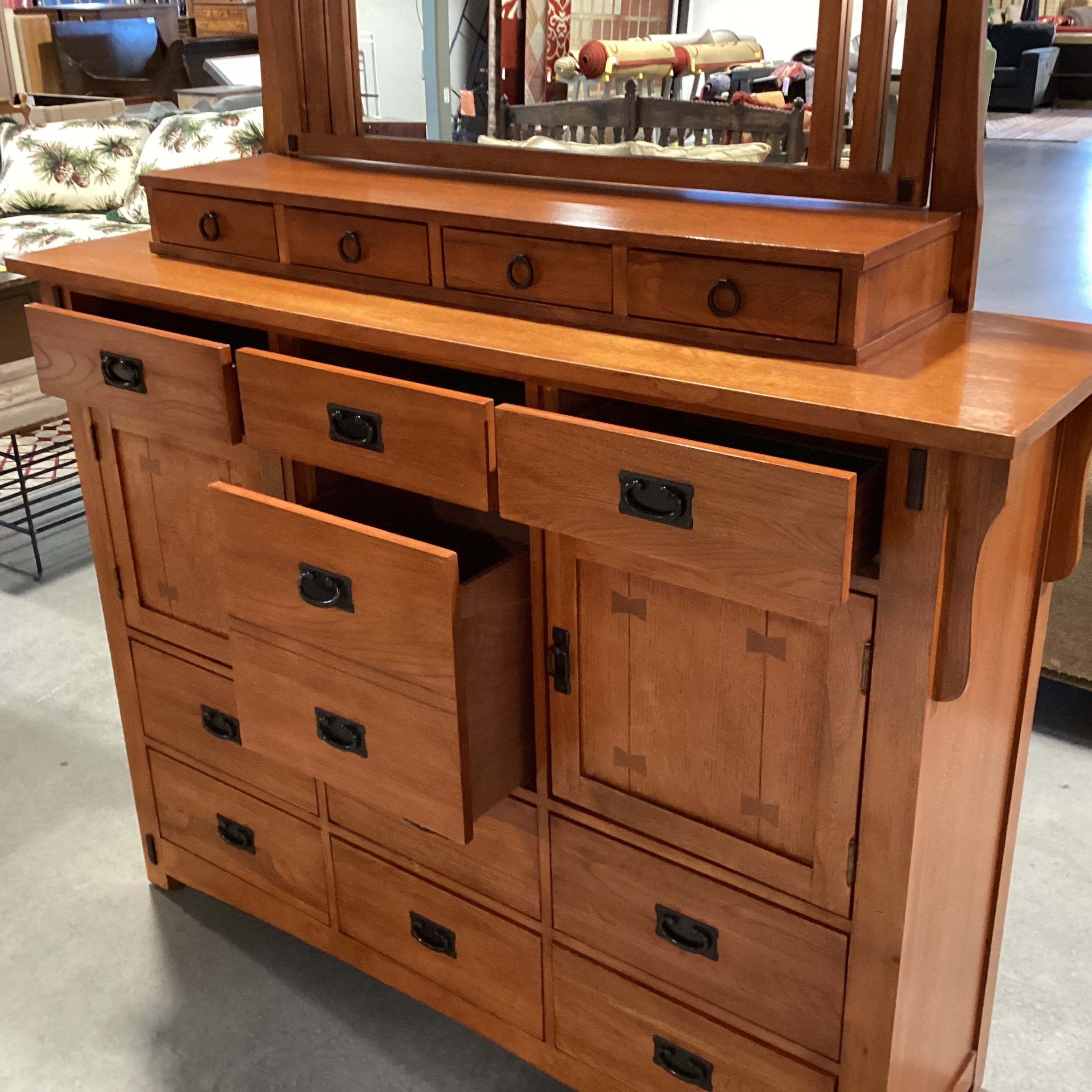 Mission Style Finished Wood 2 Piece with Mirrored Hutch 14 Drawer 2 Do ...