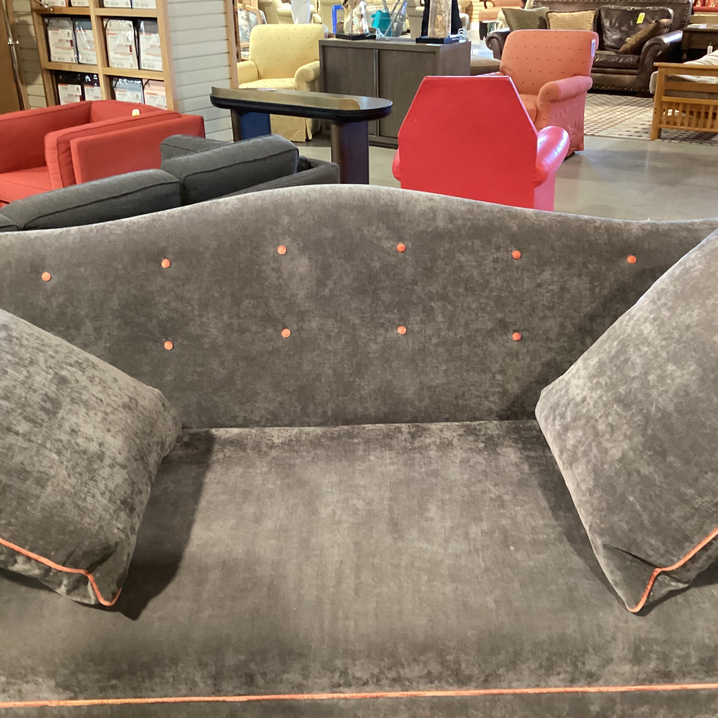 Custom Grey Velvet with Red Piping & Button Tufting Sofa 96"x 41"x 39 ...