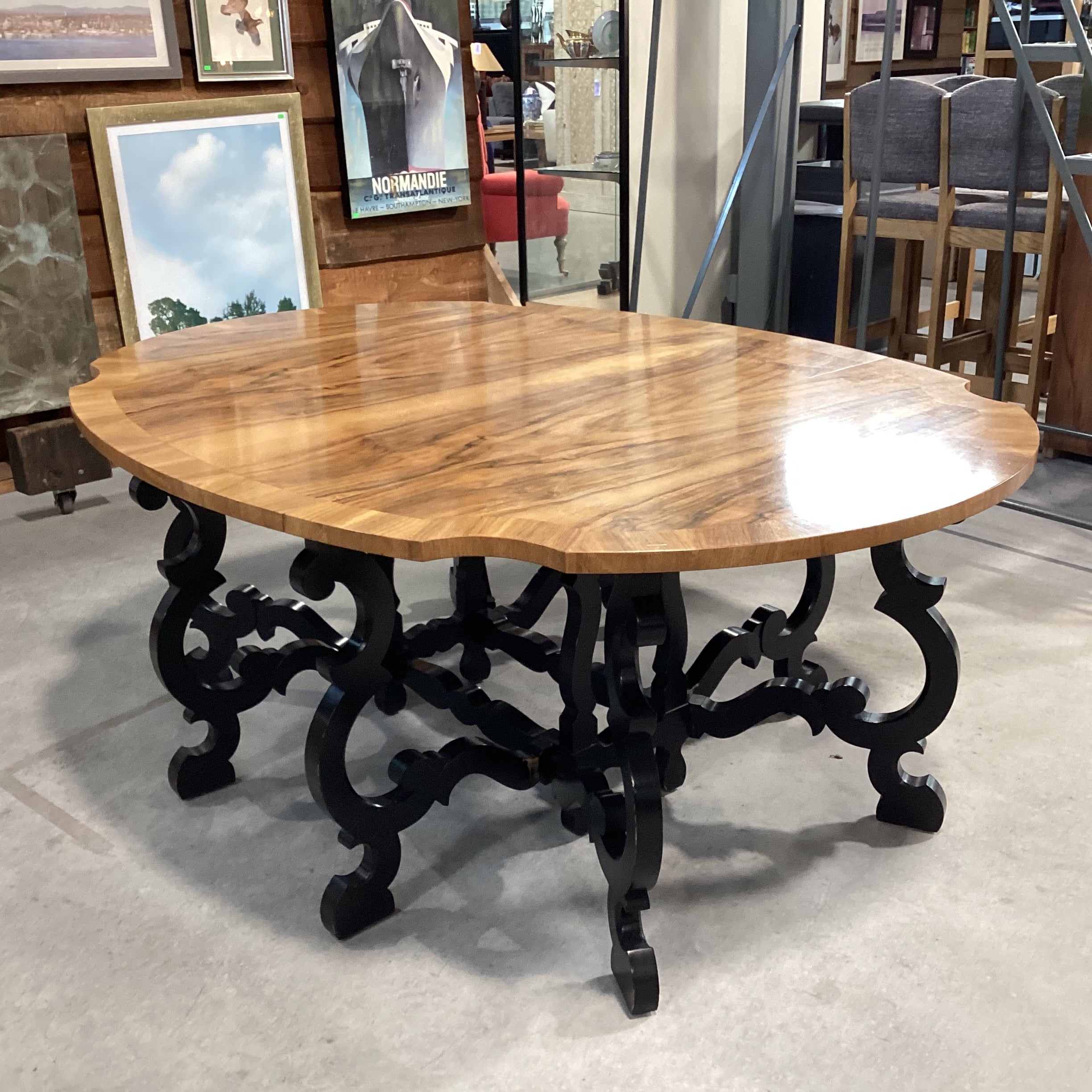 Baker Furniture Ornate Carved Black Wood Legs with Wood Veneer Ribbon ...