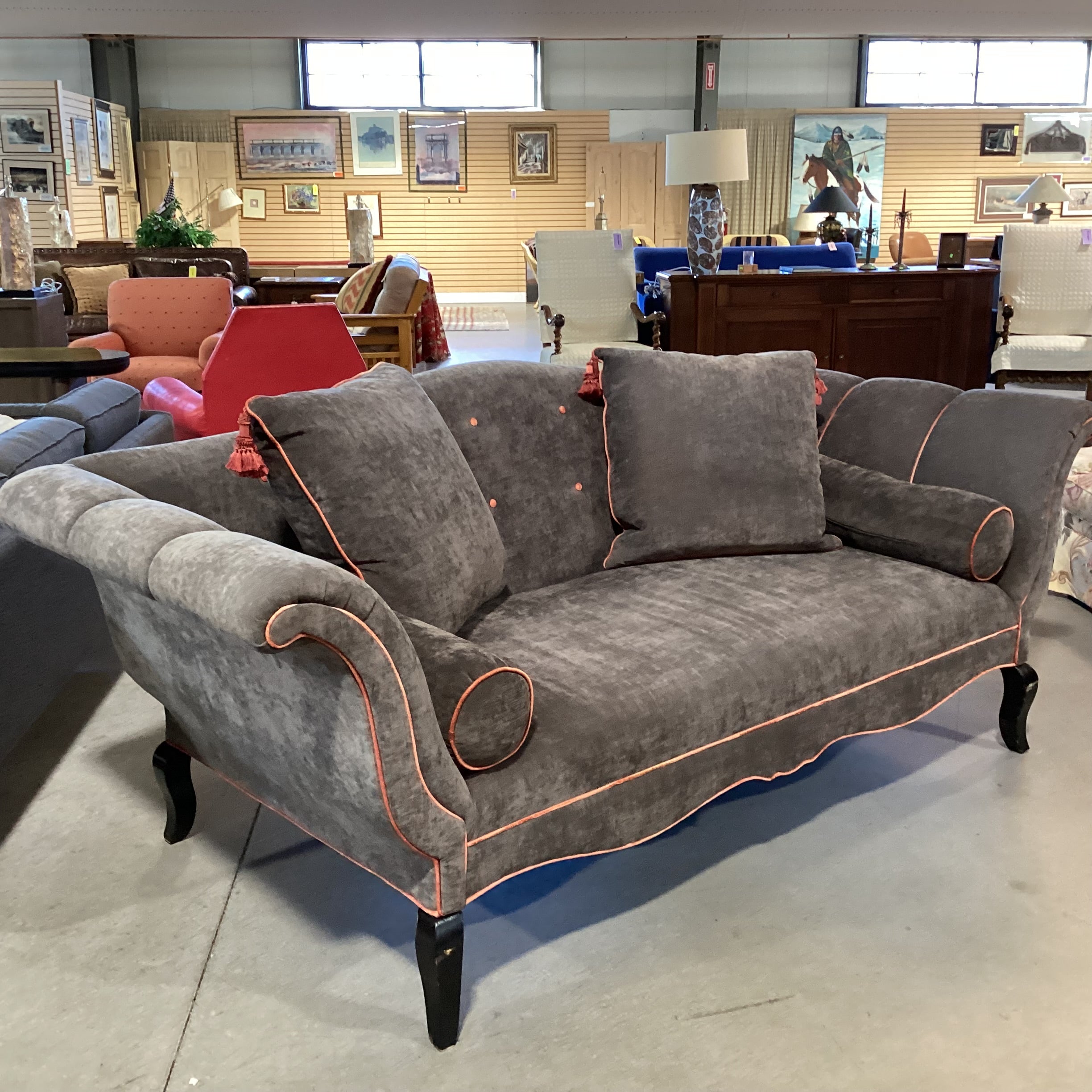 Custom Grey Velvet with Red Piping & Button Tufting Sofa 96"x 41"x 39 ...
