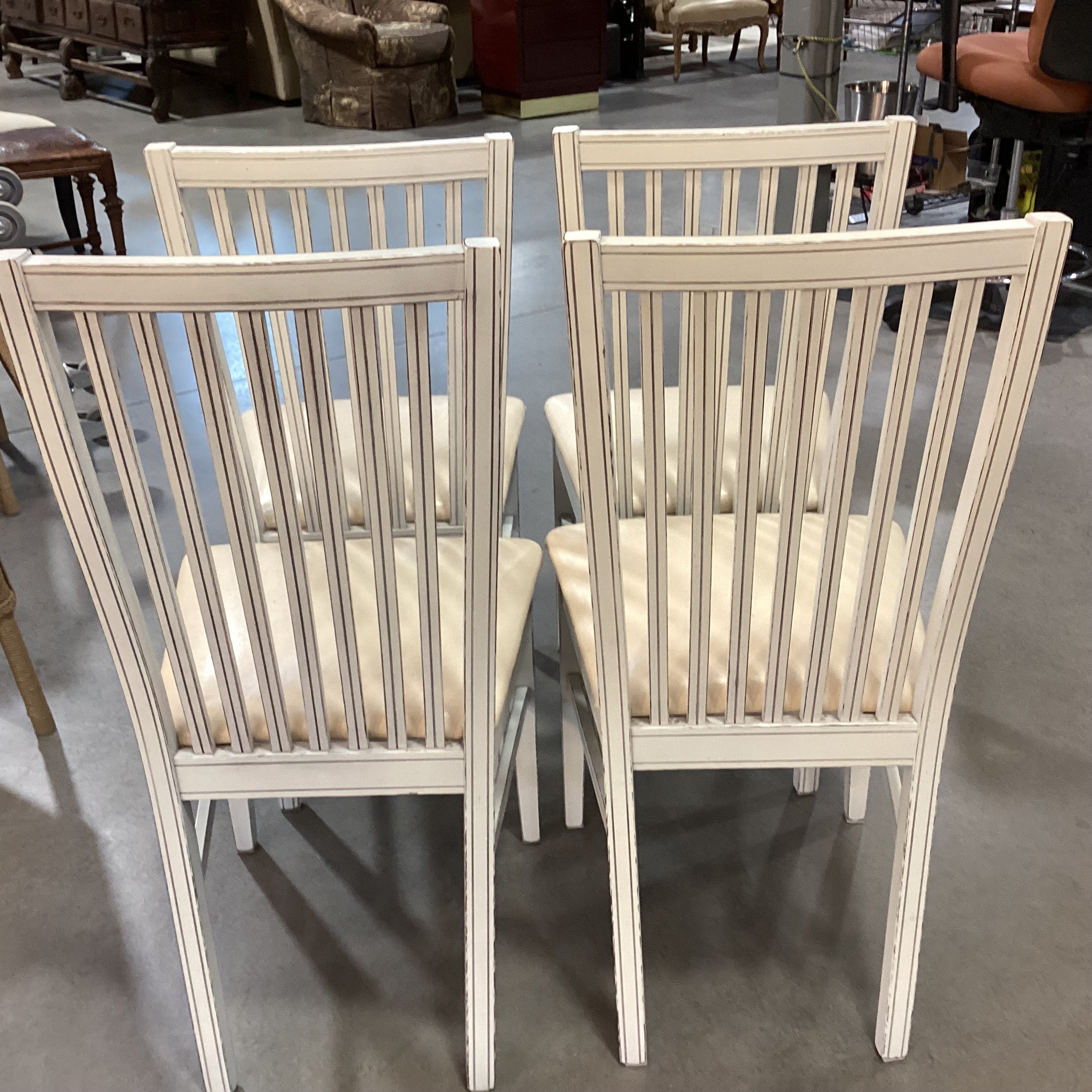 SET of 4 White Slat Back Wood & Leather Seat Dining Chairs 19"x 18"x 3 ...
