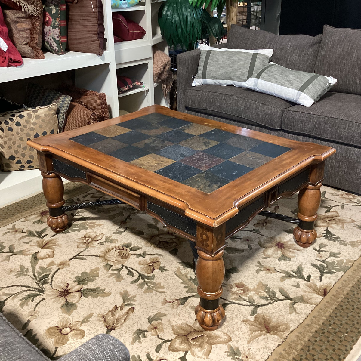 Carved Wood & Iron Detail with Slate Tile Coffee Table 48"x 36"x 22 ...