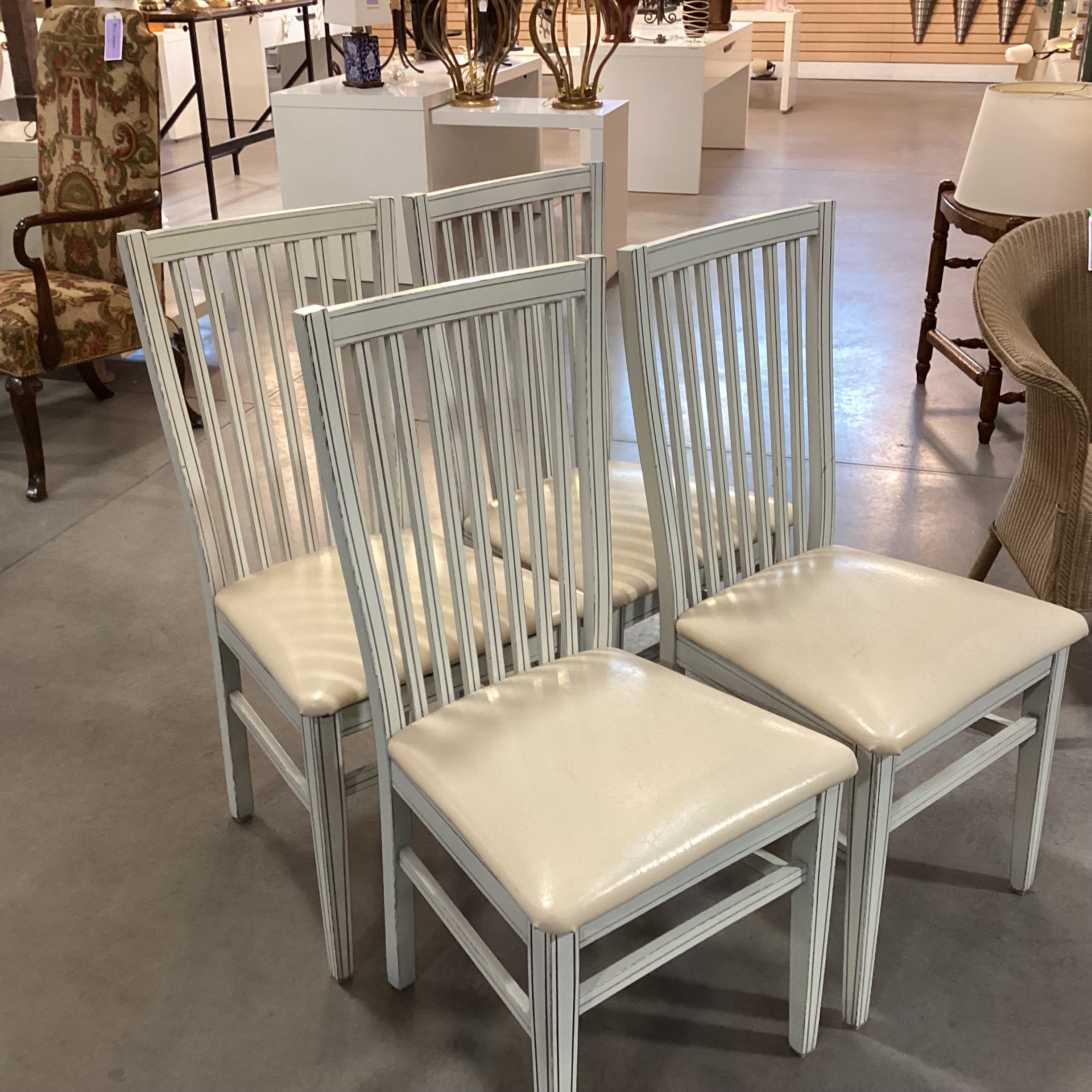 SET of 4 White Slat Back Wood & Leather Seat Dining Chairs 19"x 18"x 3 ...