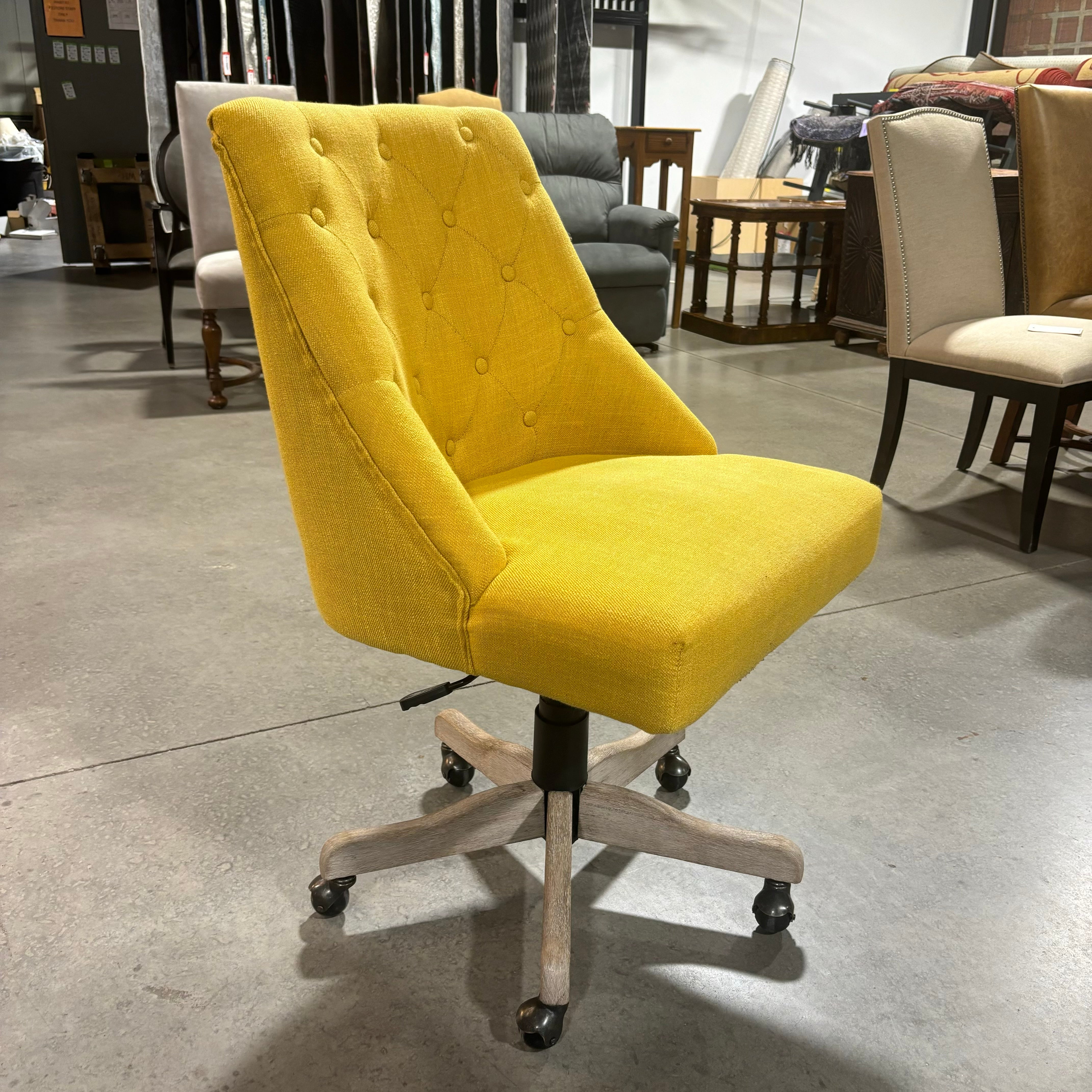 Yellow Tufted Upholstered With Wood Base Rolling Adjustable Height Off ...