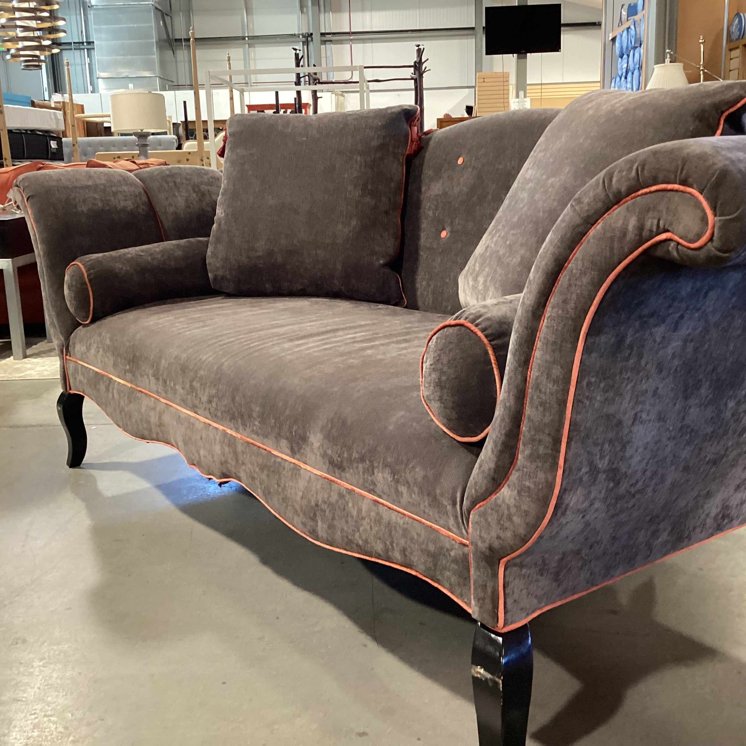 Custom Grey Velvet with Red Piping & Button Tufting Sofa 96"x 41"x 39 ...