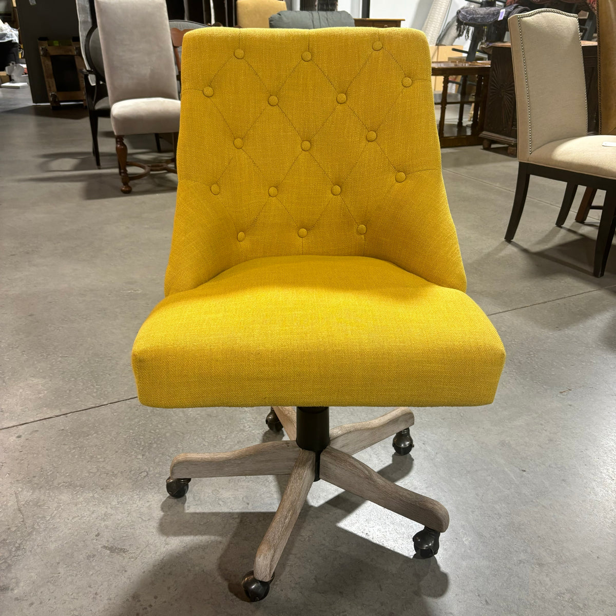 Yellow Tufted Upholstered With Wood Base Rolling Adjustable Height Off ...