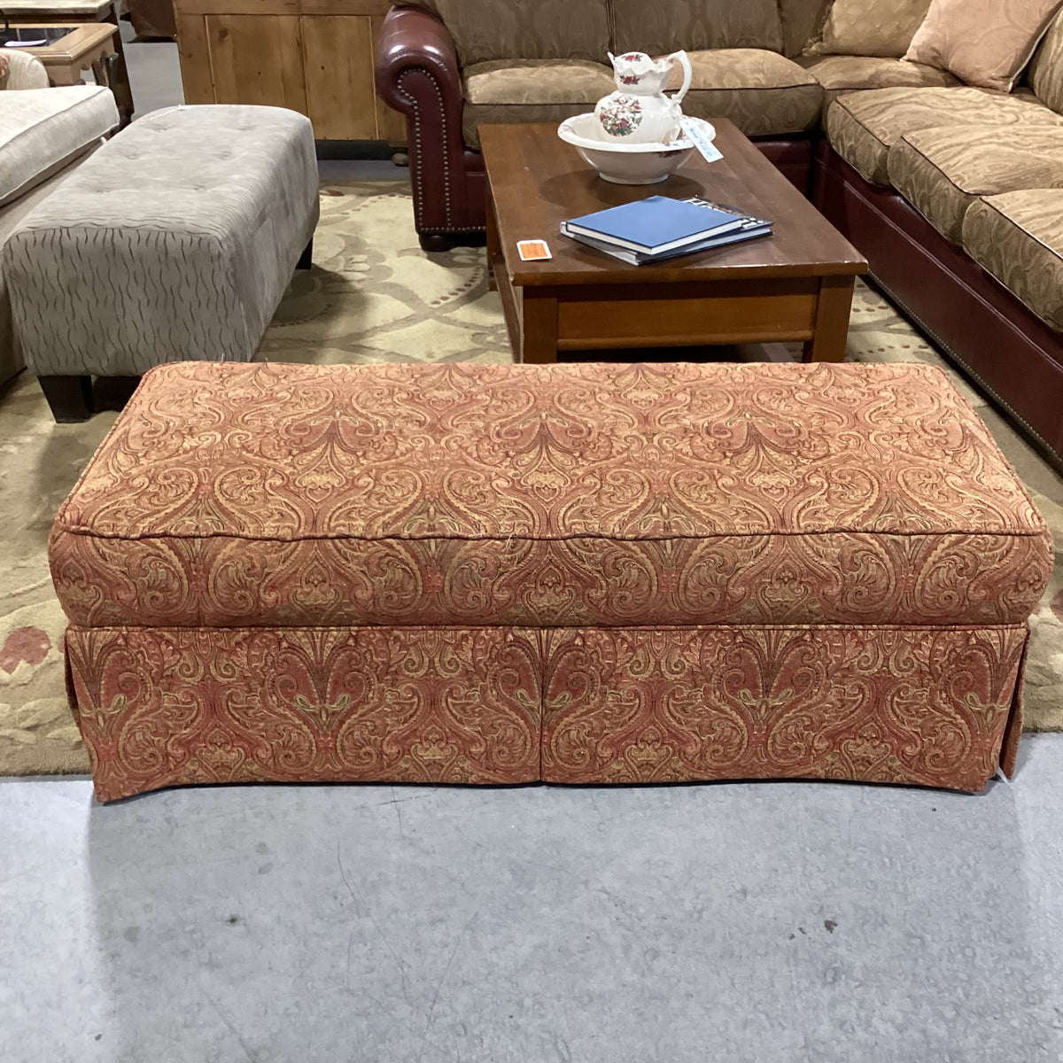 Custom Gold Burnt Orange Paisley with Skirt on Casters Bench Ottoman 5 ...