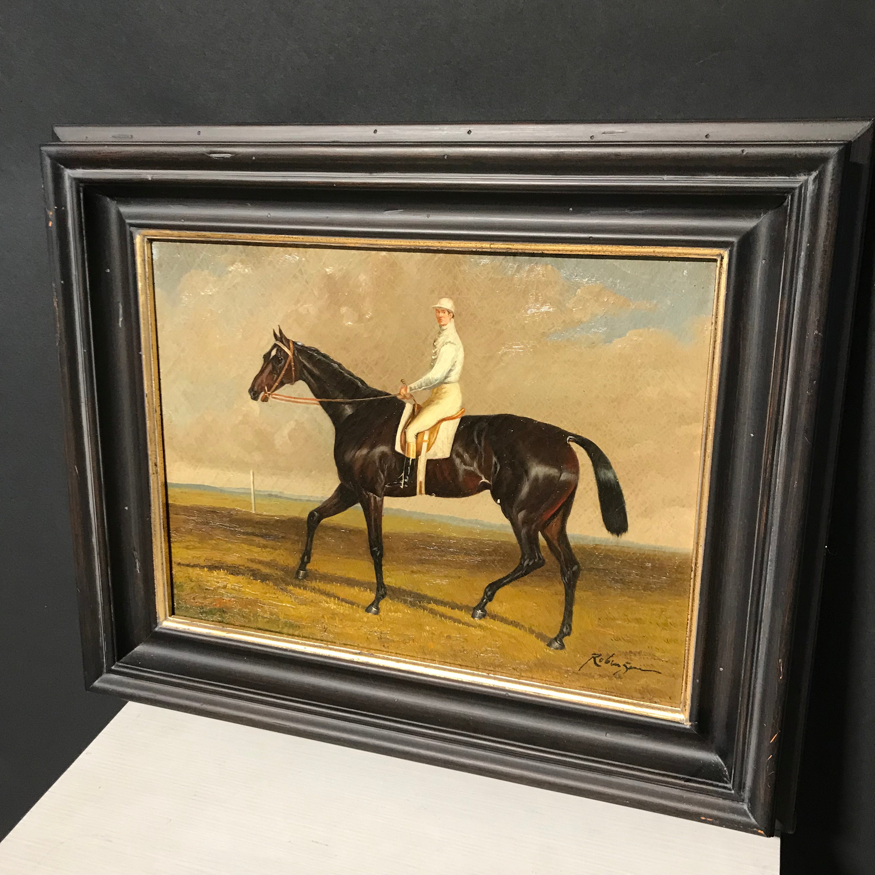 Vintage Race Horse with Jockey Oil on Canvas Framed and Signed Wall De ...
