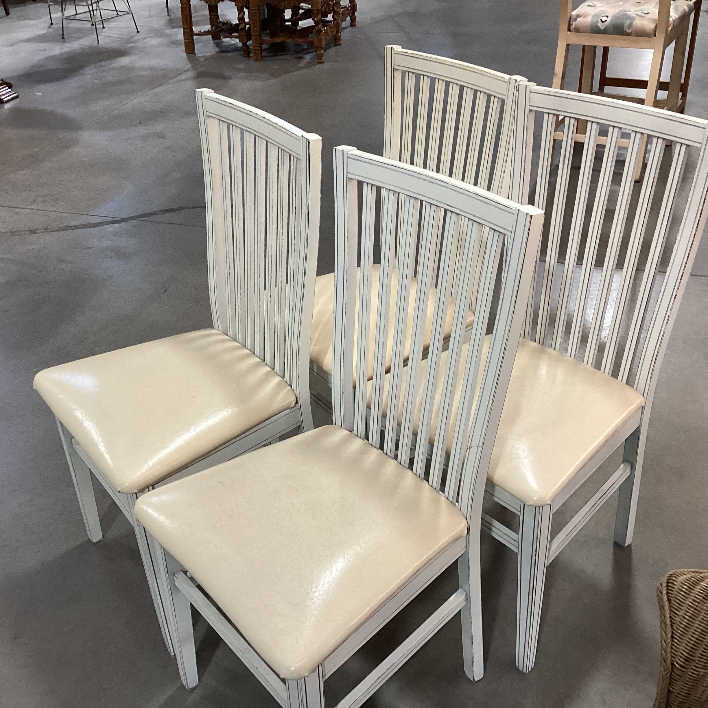 SET of 4 White Slat Back Wood & Leather Seat Dining Chairs 19"x 18"x 3 ...